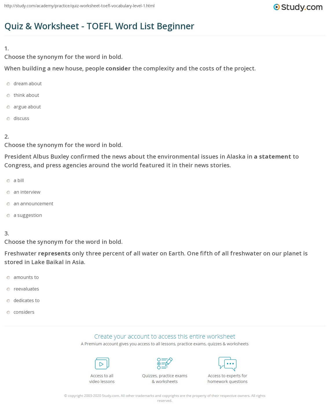 Quiz & Worksheet - TOEFL Word List Beginner | Study.com