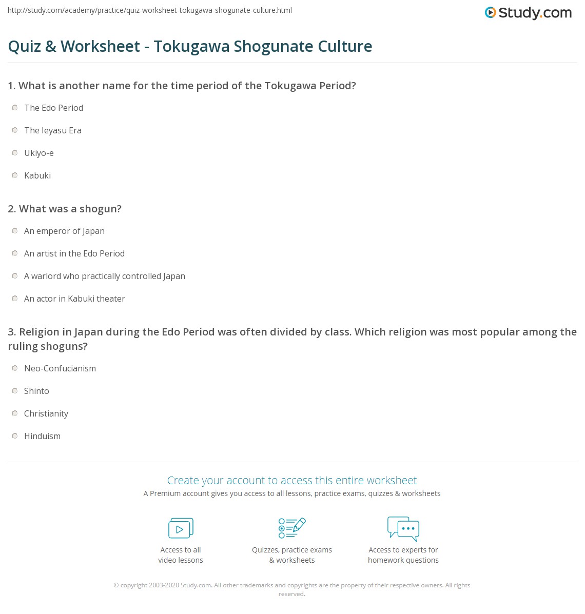 Quiz & Worksheet - Tokugawa Shogunate Culture | Study.com