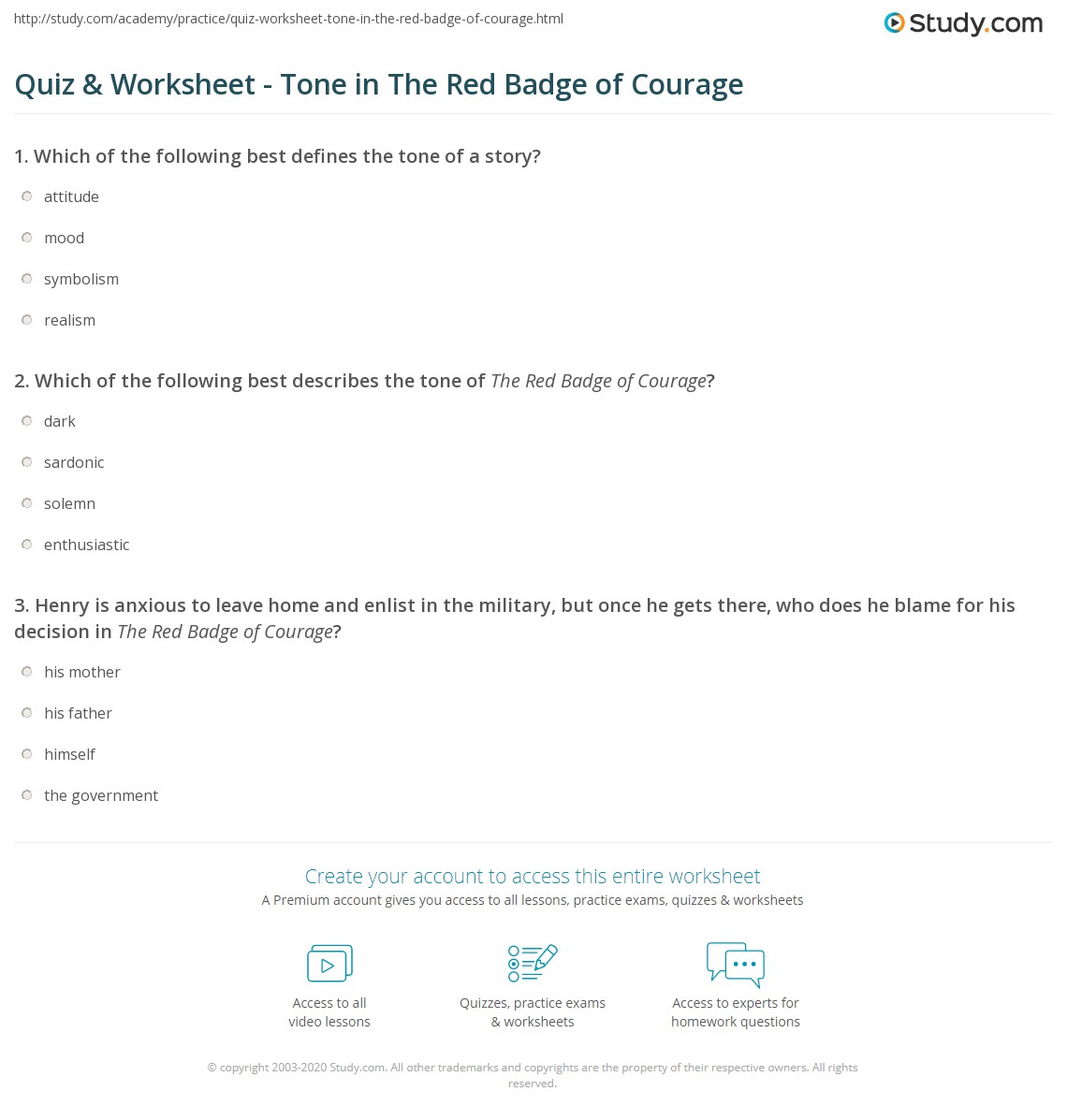 Quiz & Worksheet - Tone in The Red Badge of Courage | Study.com