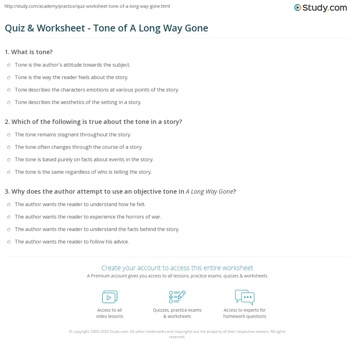 Quiz & Worksheet - Tone of A Long Way Gone | Study.com