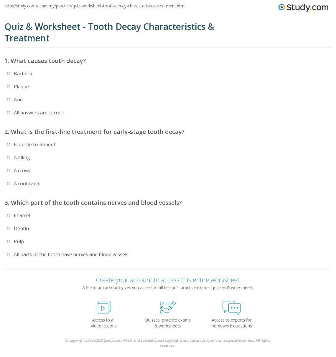 Quiz & Worksheet - Tooth Decay Characteristics & Treatment | Study.com