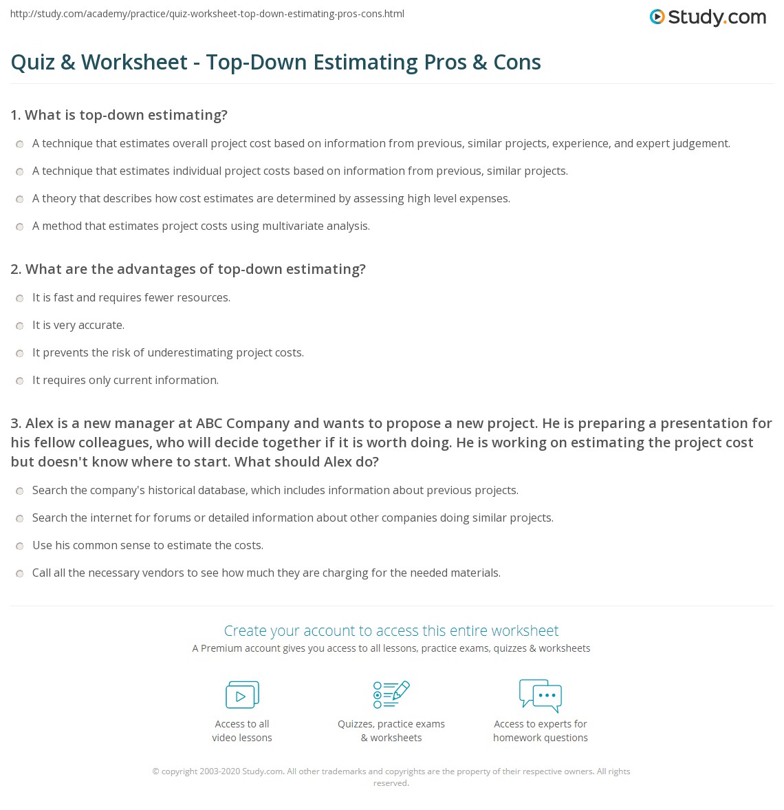 Quiz & Worksheet - Top-Down Estimating Pros & Cons | Study.com