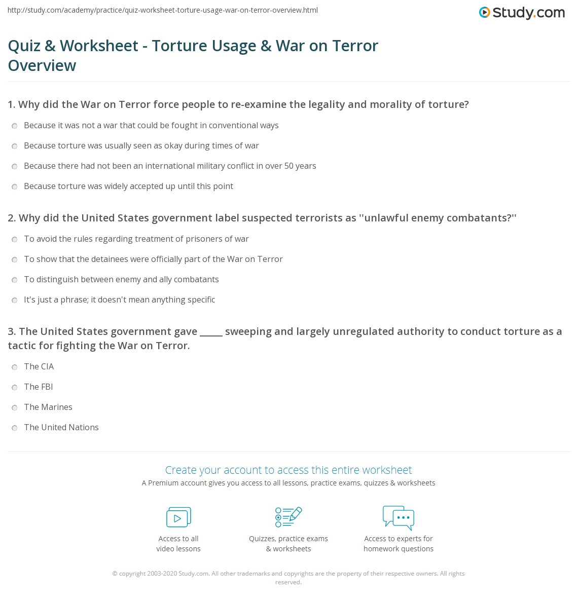 Quiz & Worksheet - Torture Usage & War on Terror Overview | Study.com