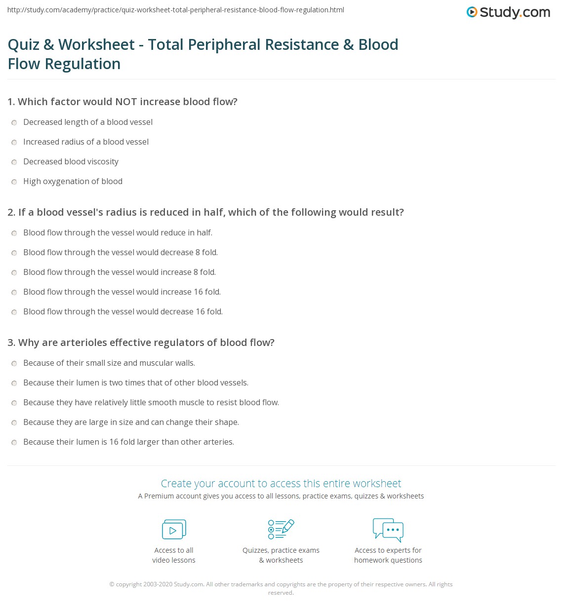 Quiz & Worksheet - Total Peripheral Resistance & Blood Flow Regulation ...