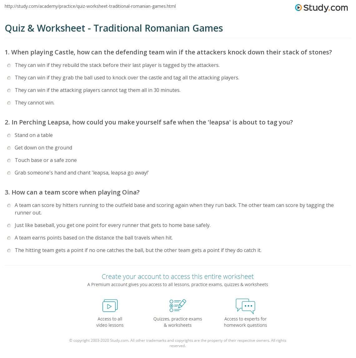 Quiz & Worksheet - Traditional Romanian Games | Study.com
