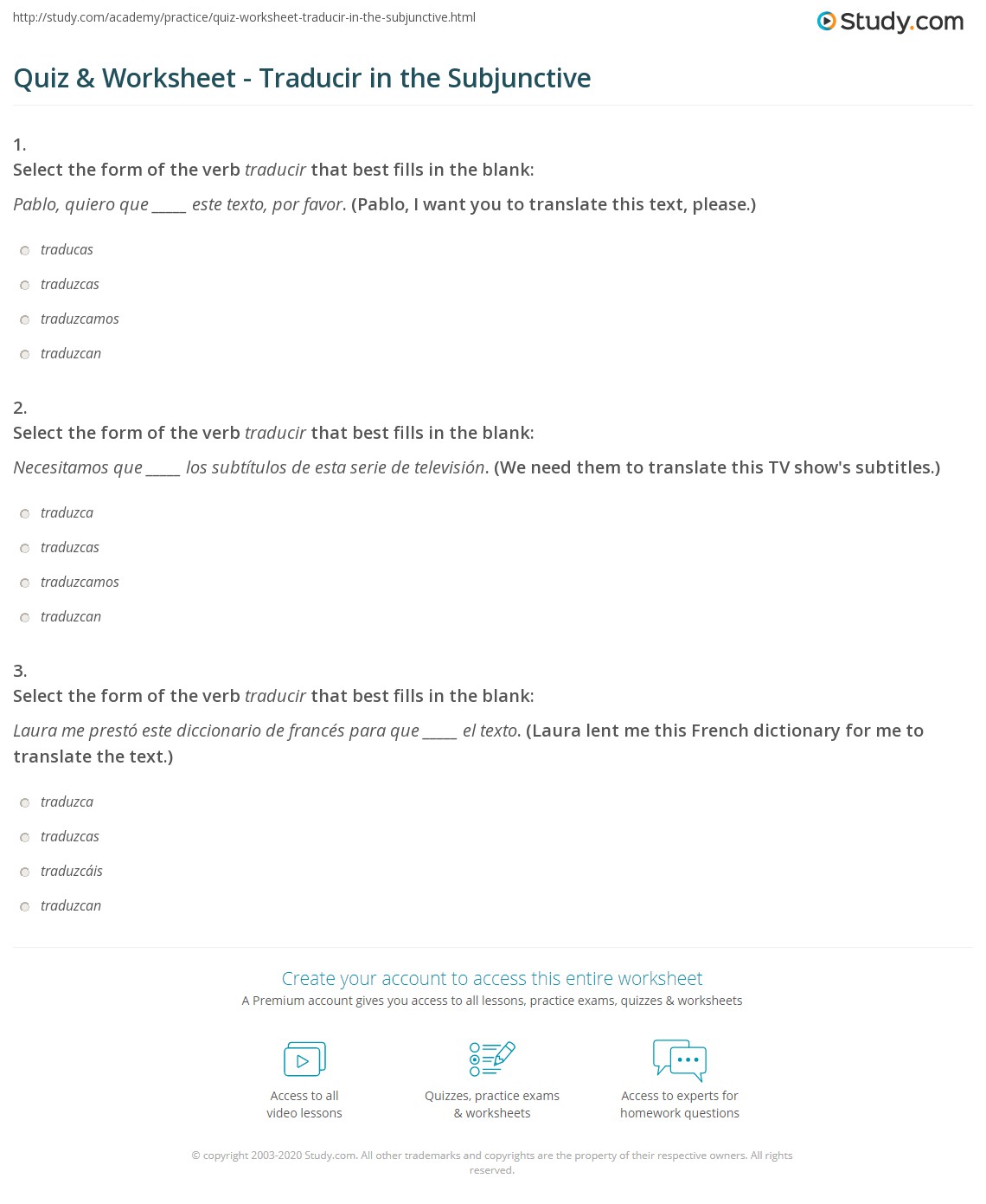 Quiz & Worksheet - Traducir in the Subjunctive | Study.com