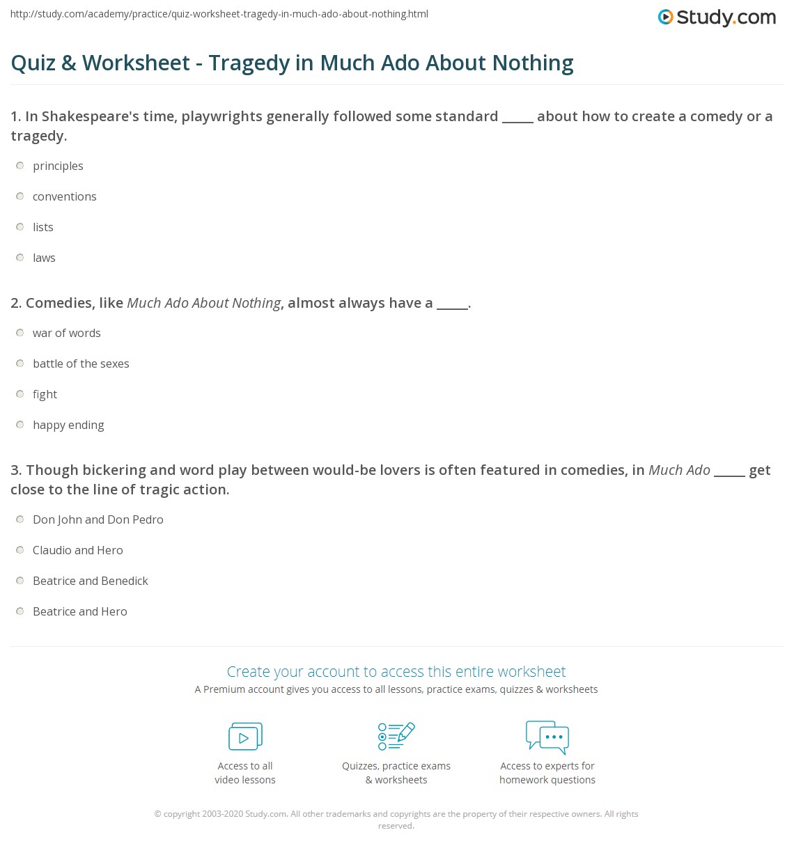 Quiz & Worksheet - Tragedy in Much Ado About Nothing | Study.com