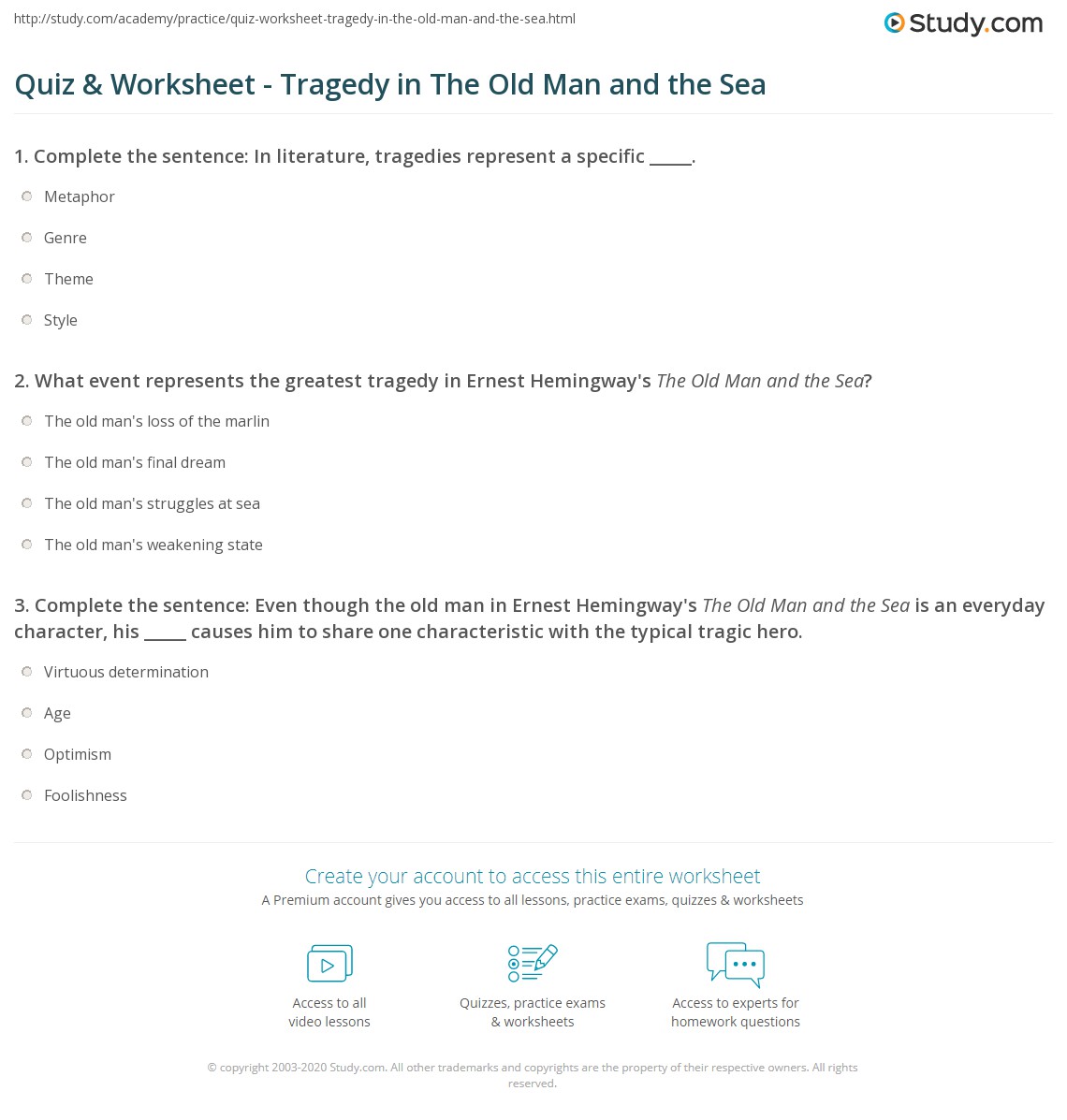 Quiz & Worksheet - Tragedy in The Old Man and the Sea | Study.com