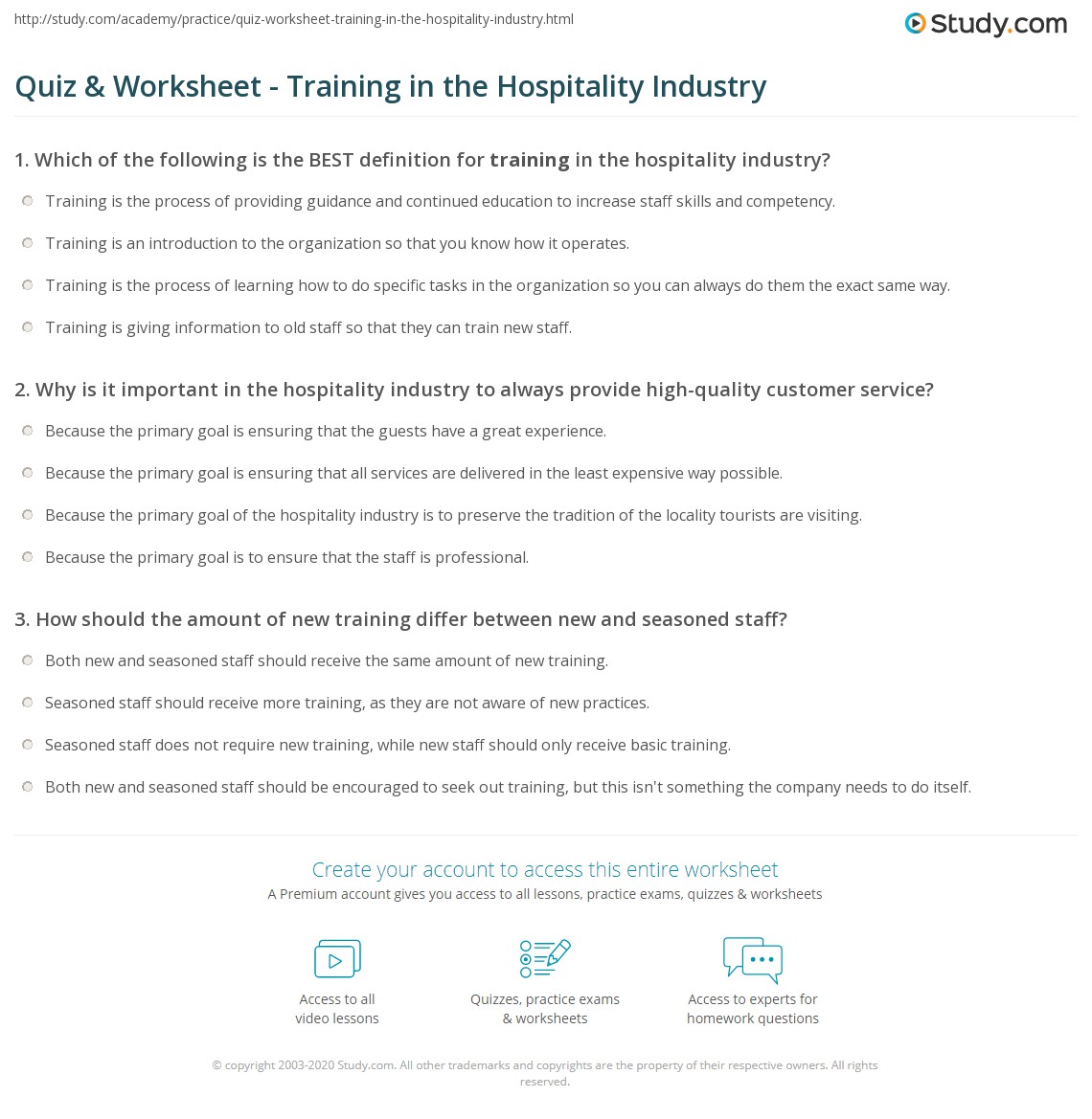 Quiz & Worksheet - Training in the Hospitality Industry | Study.com