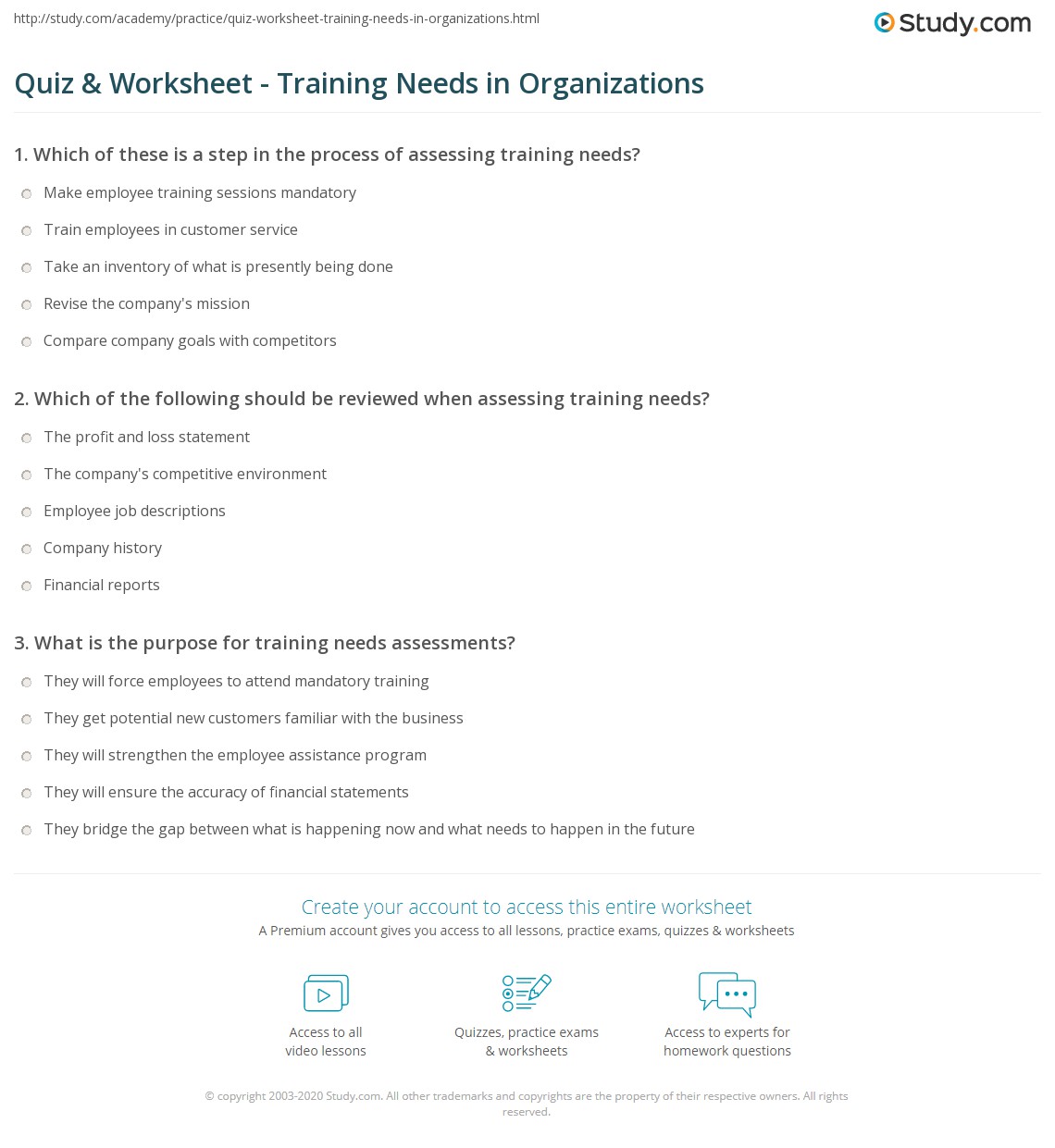 Quiz & Worksheet - Training Needs in Organizations | Study.com