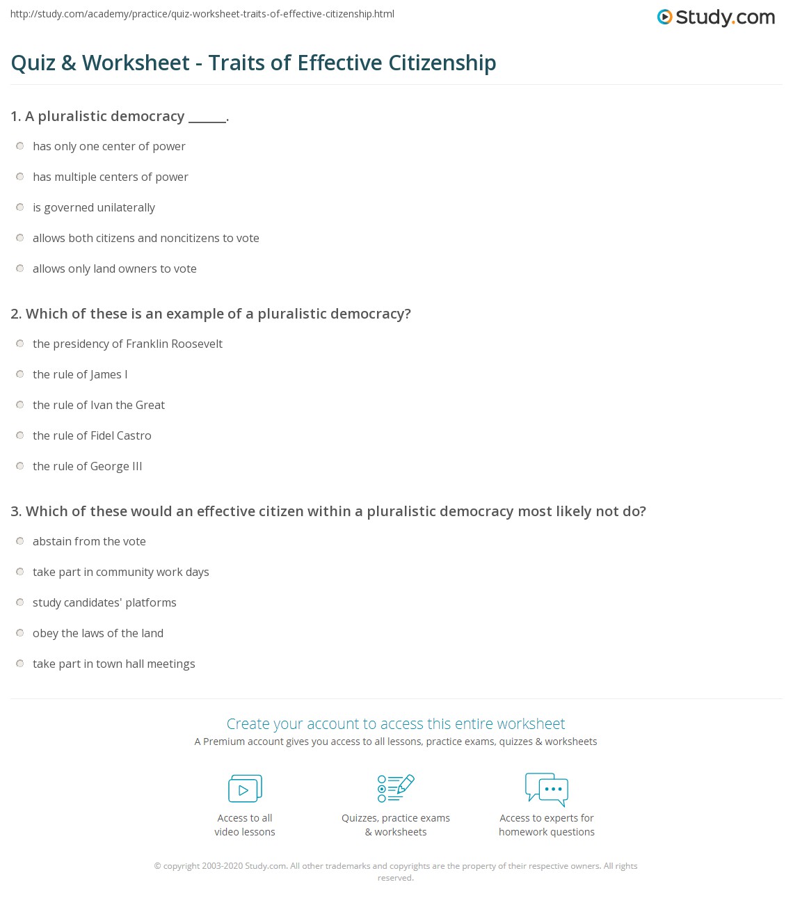 Quiz & Worksheet - Traits of Effective Citizenship | Study.com