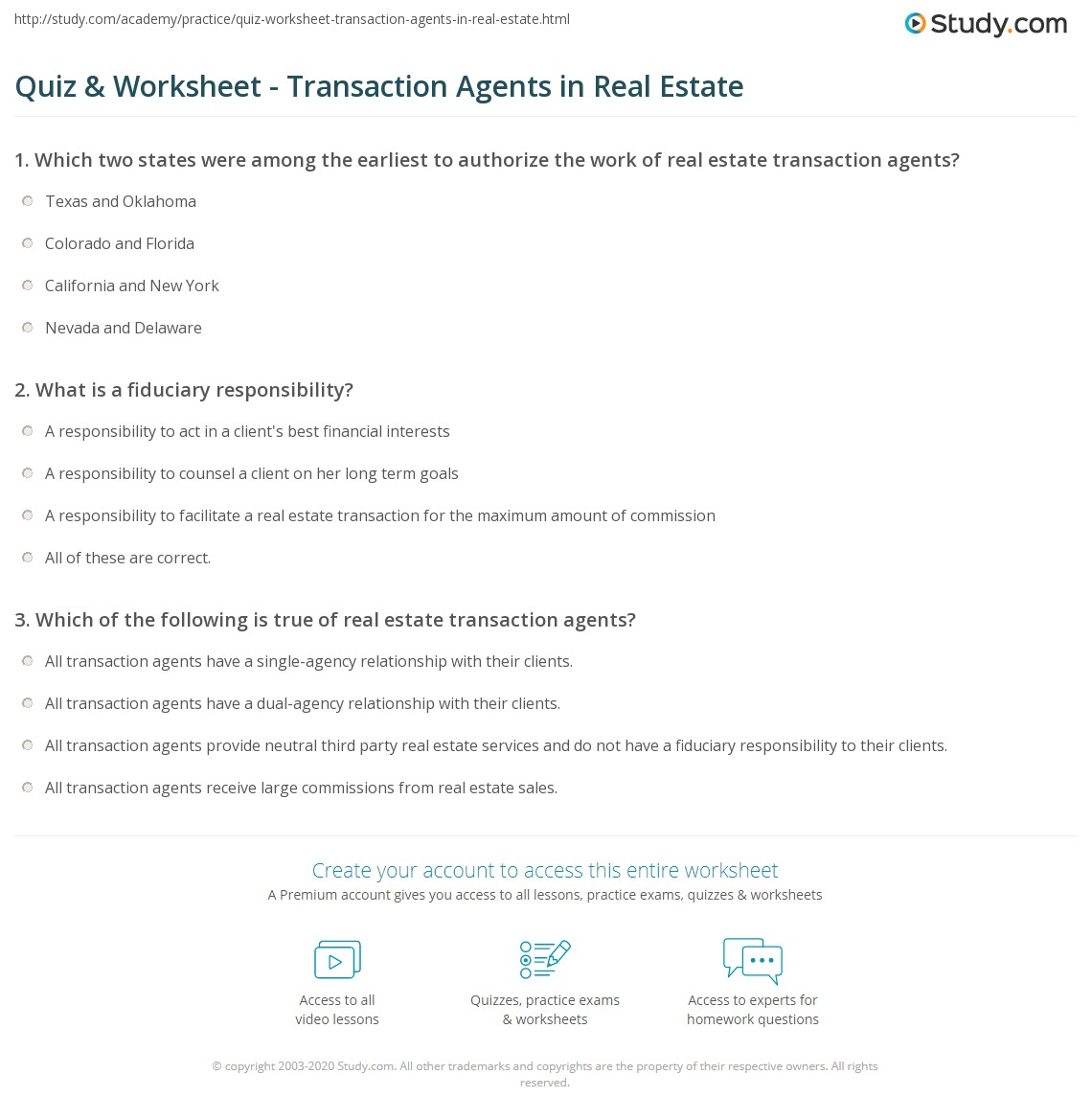Quiz & Worksheet - Transaction Agents in Real Estate | Study.com