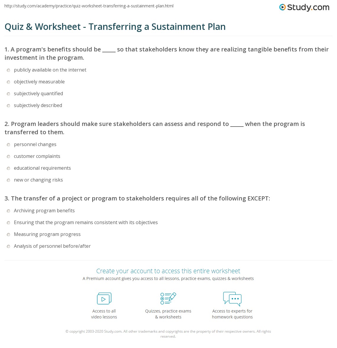 Quiz & Worksheet - Transferring a Sustainment Plan | Study.com