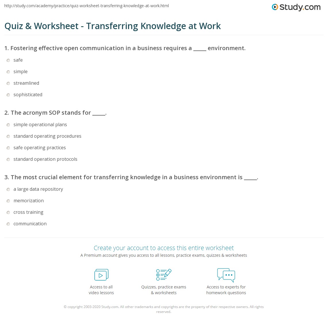 Quiz & Worksheet - Transferring Knowledge at Work | Study.com