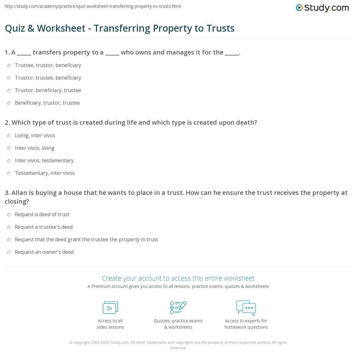 Quiz & Worksheet - Transferring Property to Trusts | Study.com