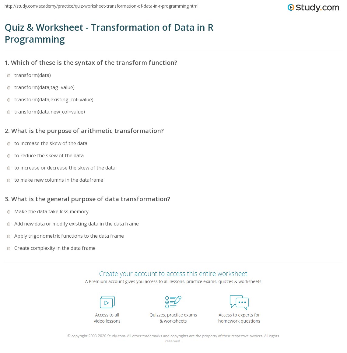 Quiz & Worksheet - Transformation of Data in R Programming | Study.com