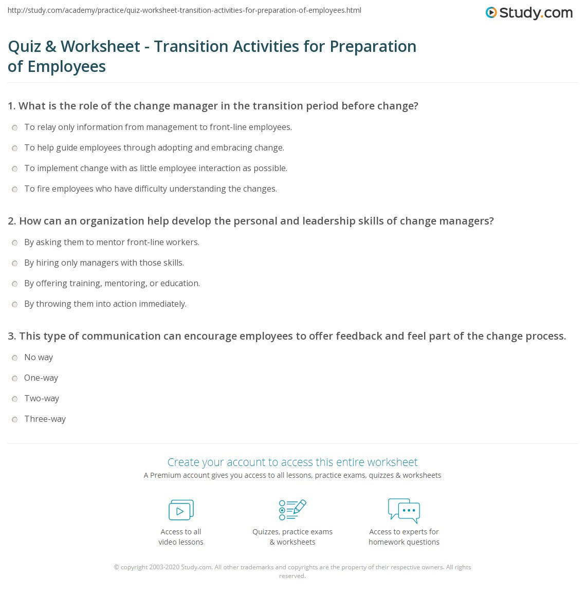 Quiz & Worksheet - Transition Activities for Preparation of Employees ...