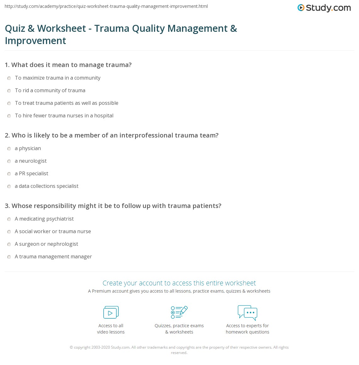 Quiz & Worksheet - Trauma Quality Management & Improvement | Study.com
