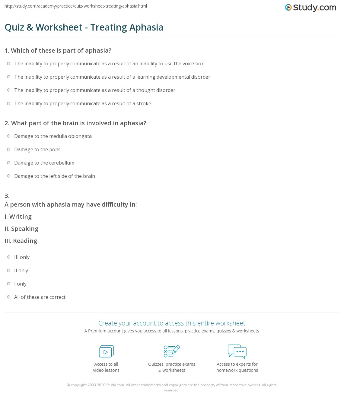 Quiz & Worksheet - Treating Aphasia | Study.com