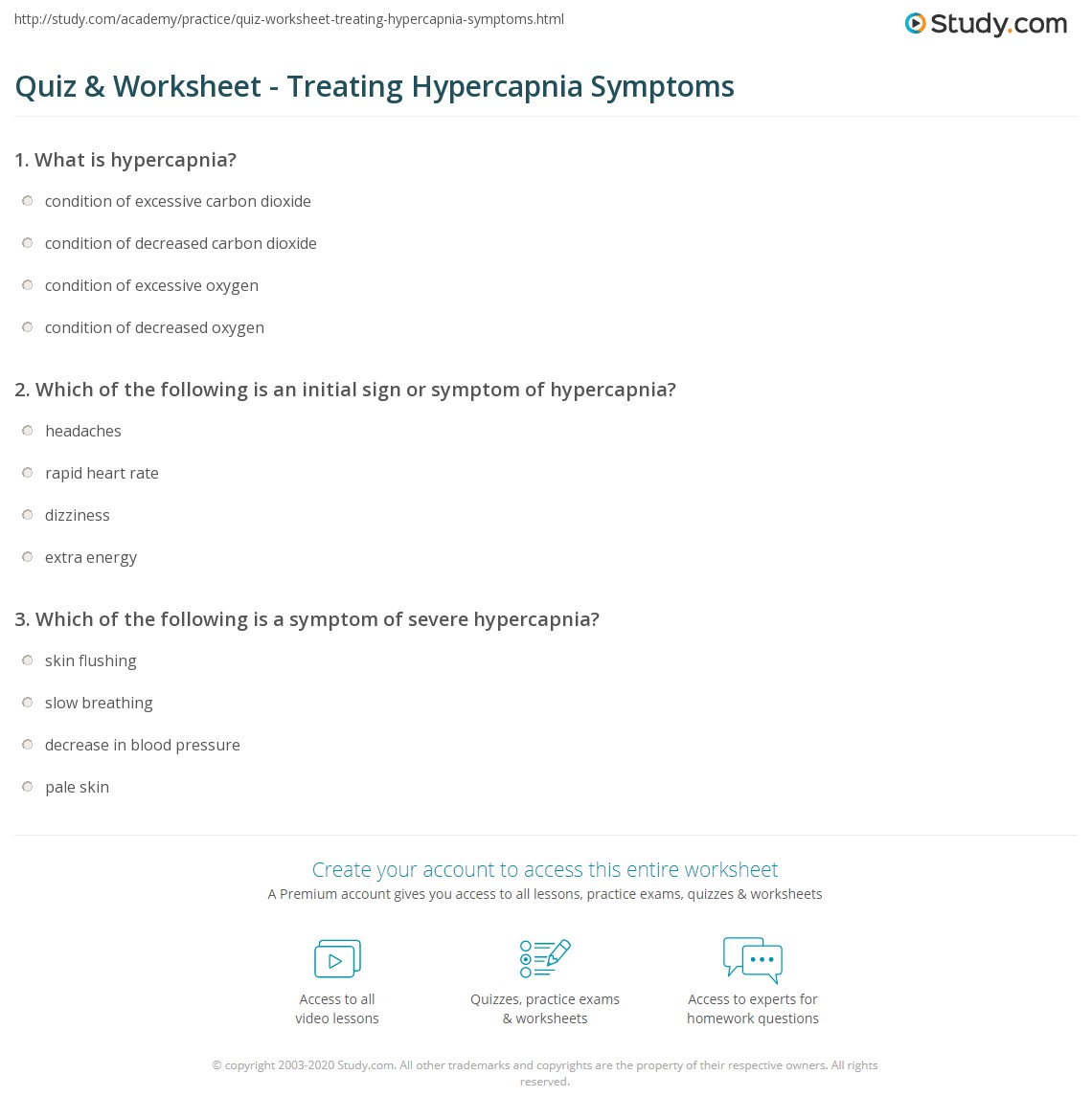 Quiz & Worksheet - Treating Hypercapnia Symptoms | Study.com