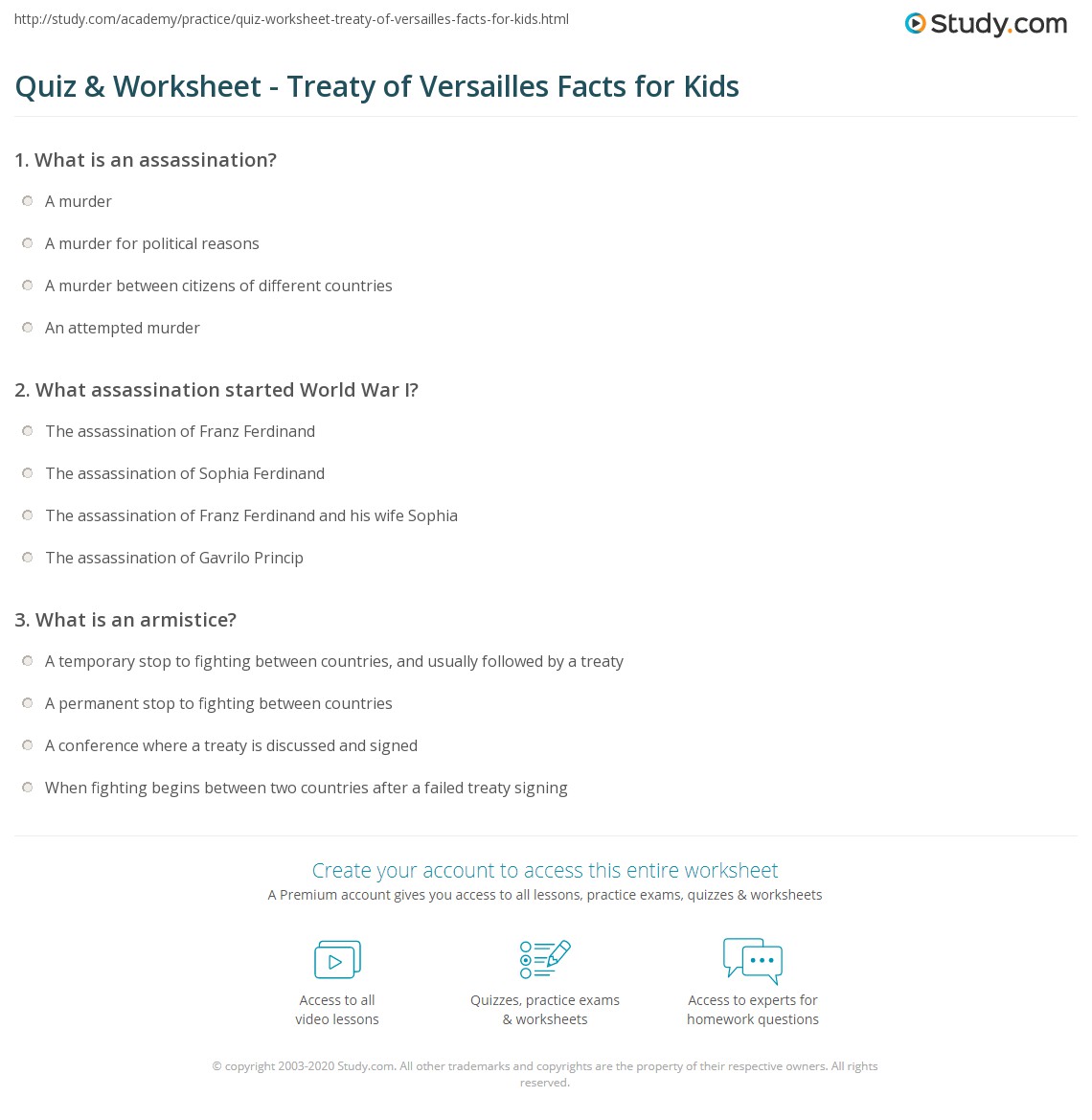 Quiz & Worksheet - Treaty of Versailles Facts for Kids | Study.com