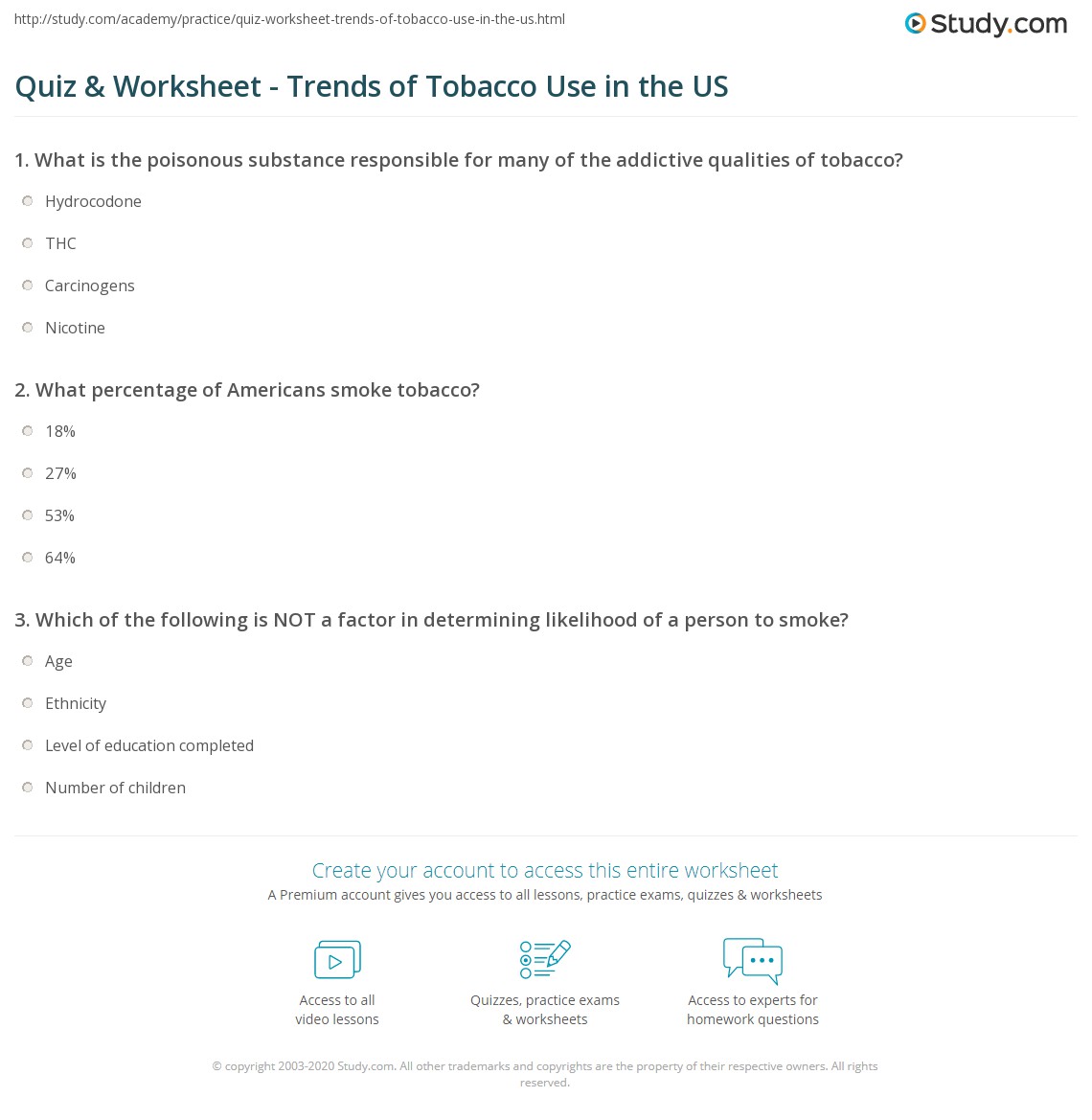 Quiz & Worksheet - Trends of Tobacco Use in the US | Study.com