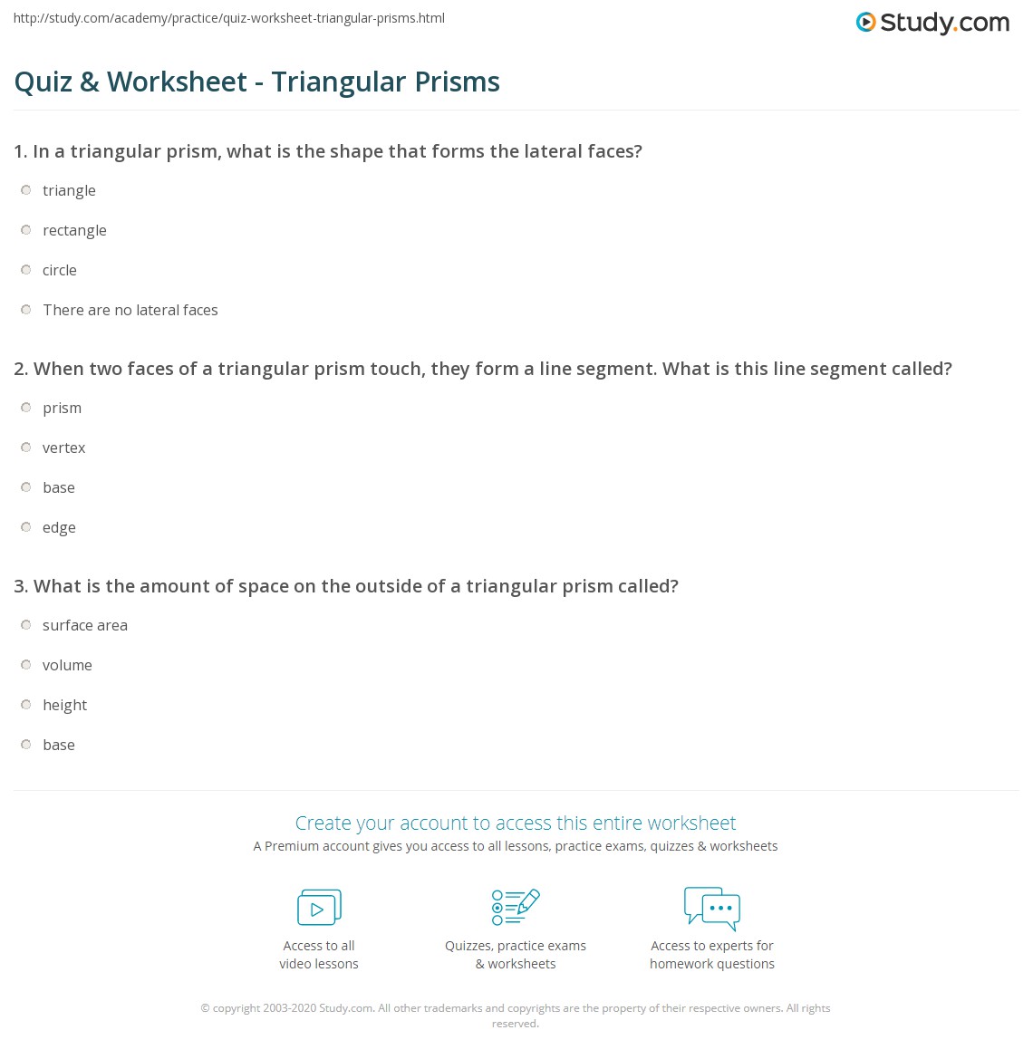 Quiz & Worksheet - Triangular Prisms | Study.com