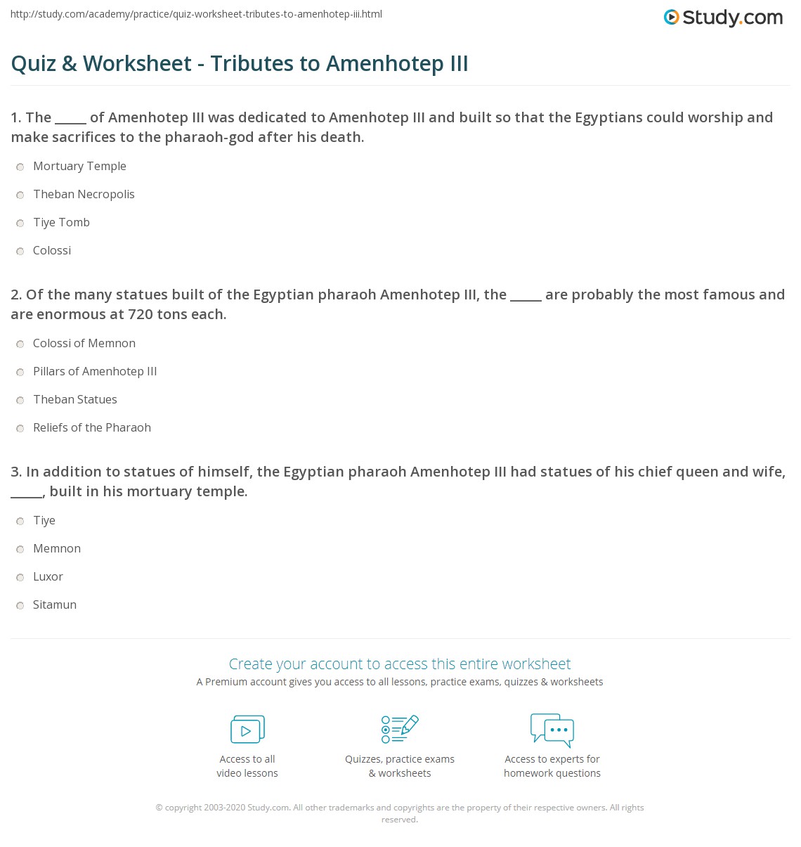 Quiz & Worksheet - Tributes to Amenhotep III | Study.com
