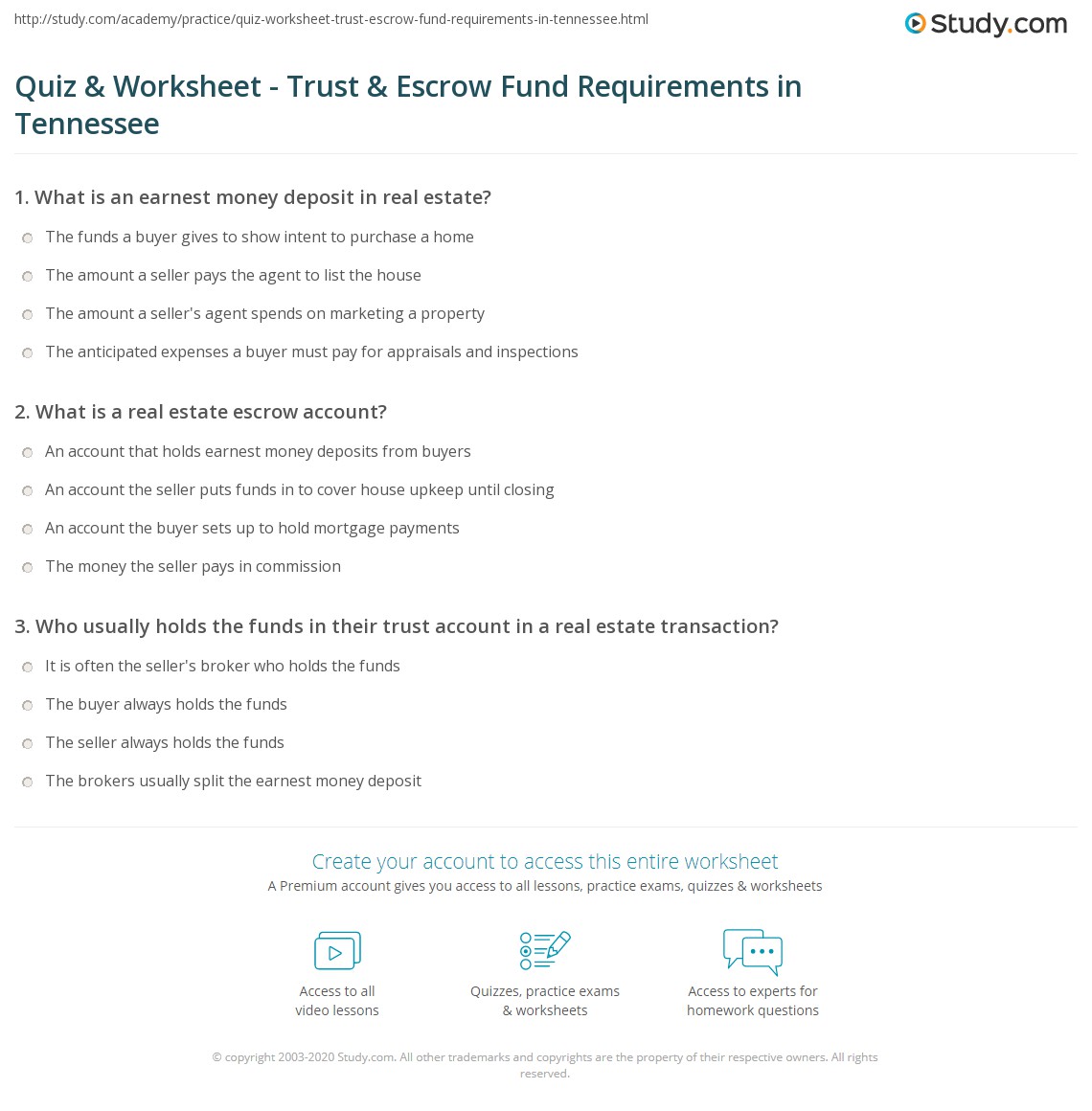 Quiz & Worksheet - Trust & Escrow Fund Requirements in Tennessee | Study.com