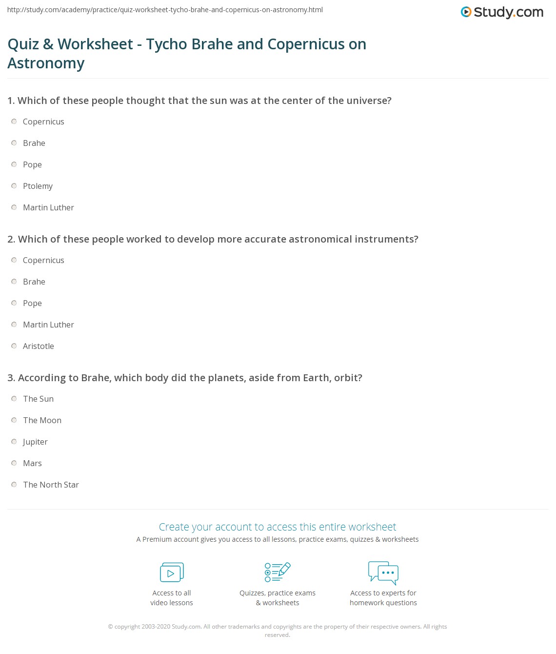 Quiz & Worksheet - Tycho Brahe and Copernicus on Astronomy | Study.com