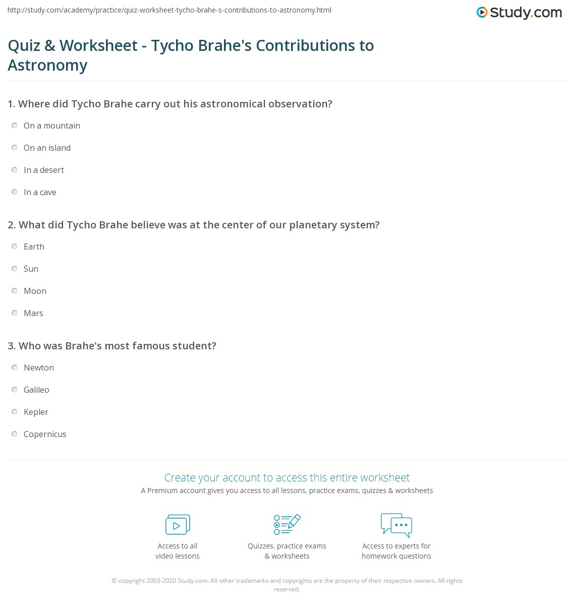 Quiz & Worksheet - Tycho Brahe's Contributions to Astronomy | Study.com