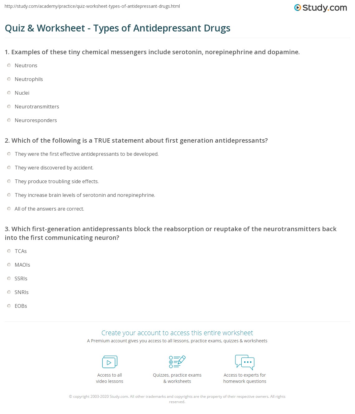 Quiz & Worksheet - Types of Antidepressant Drugs | Study.com