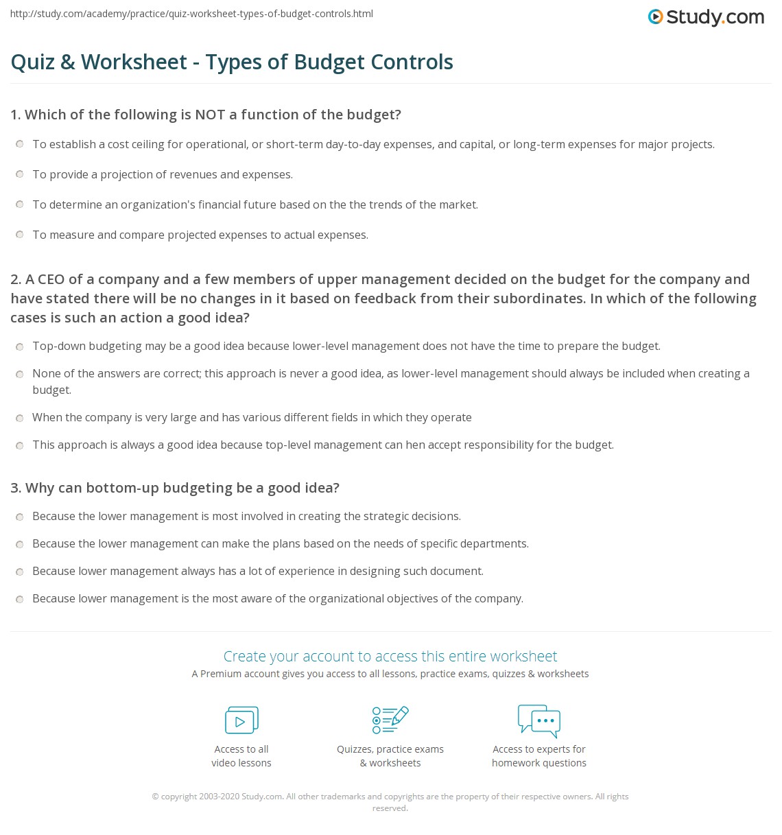 Quiz & Worksheet - Types of Budget Controls | Study.com