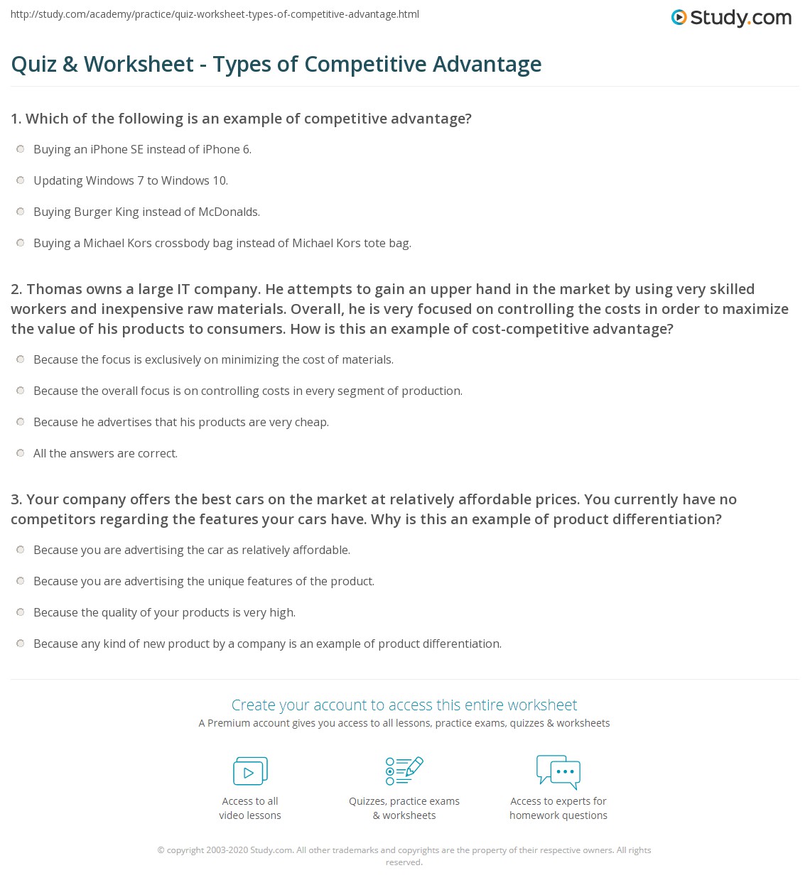 Quiz Worksheet Types Of Competitive Advantage Study