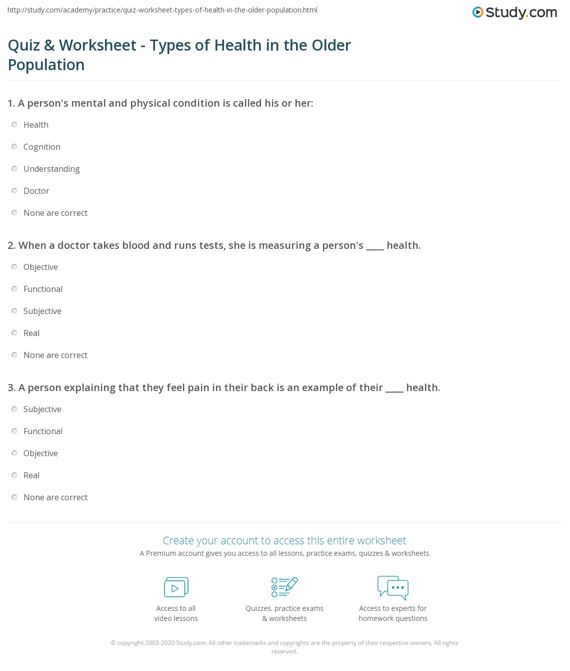 Quiz & Worksheet - Types of Health in the Older Population | Study.com