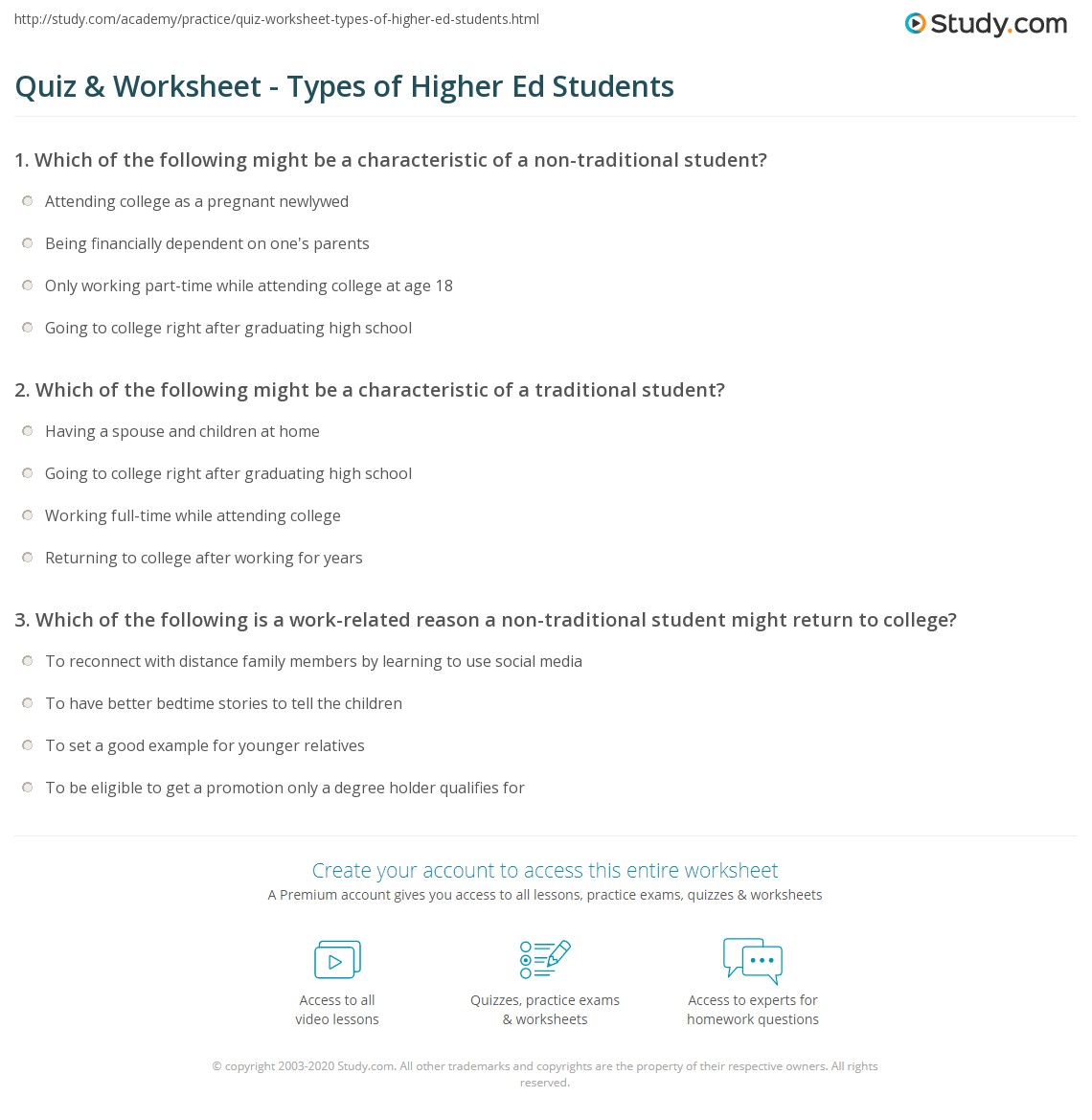 Quiz & Worksheet - Types of Higher Ed Students | Study.com