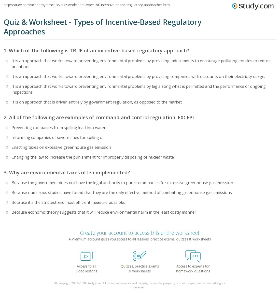 Quiz & Worksheet - Types of Incentive-Based Regulatory Approaches ...