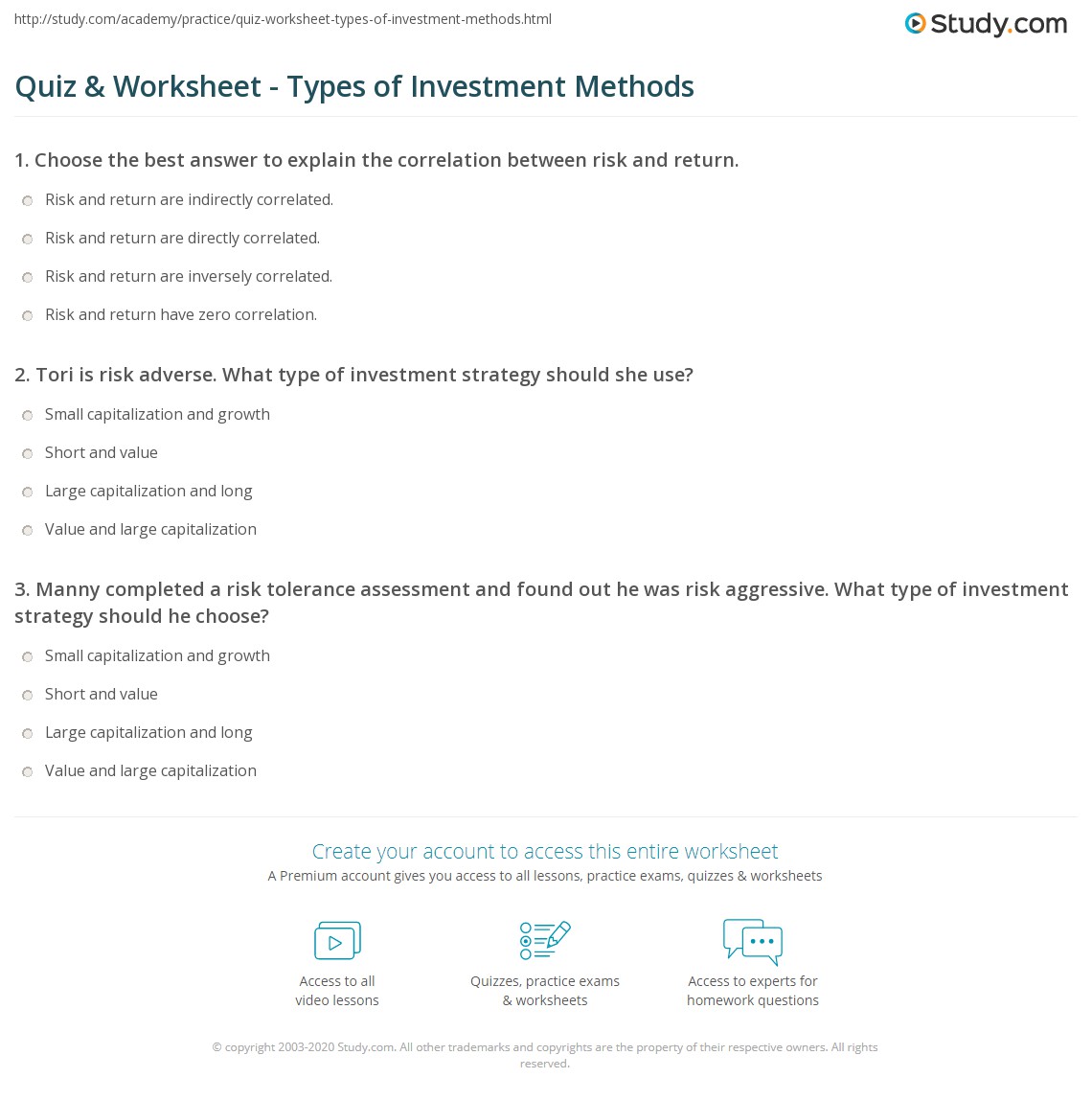 Quiz & Worksheet - Types of Investment Methods | Study.com