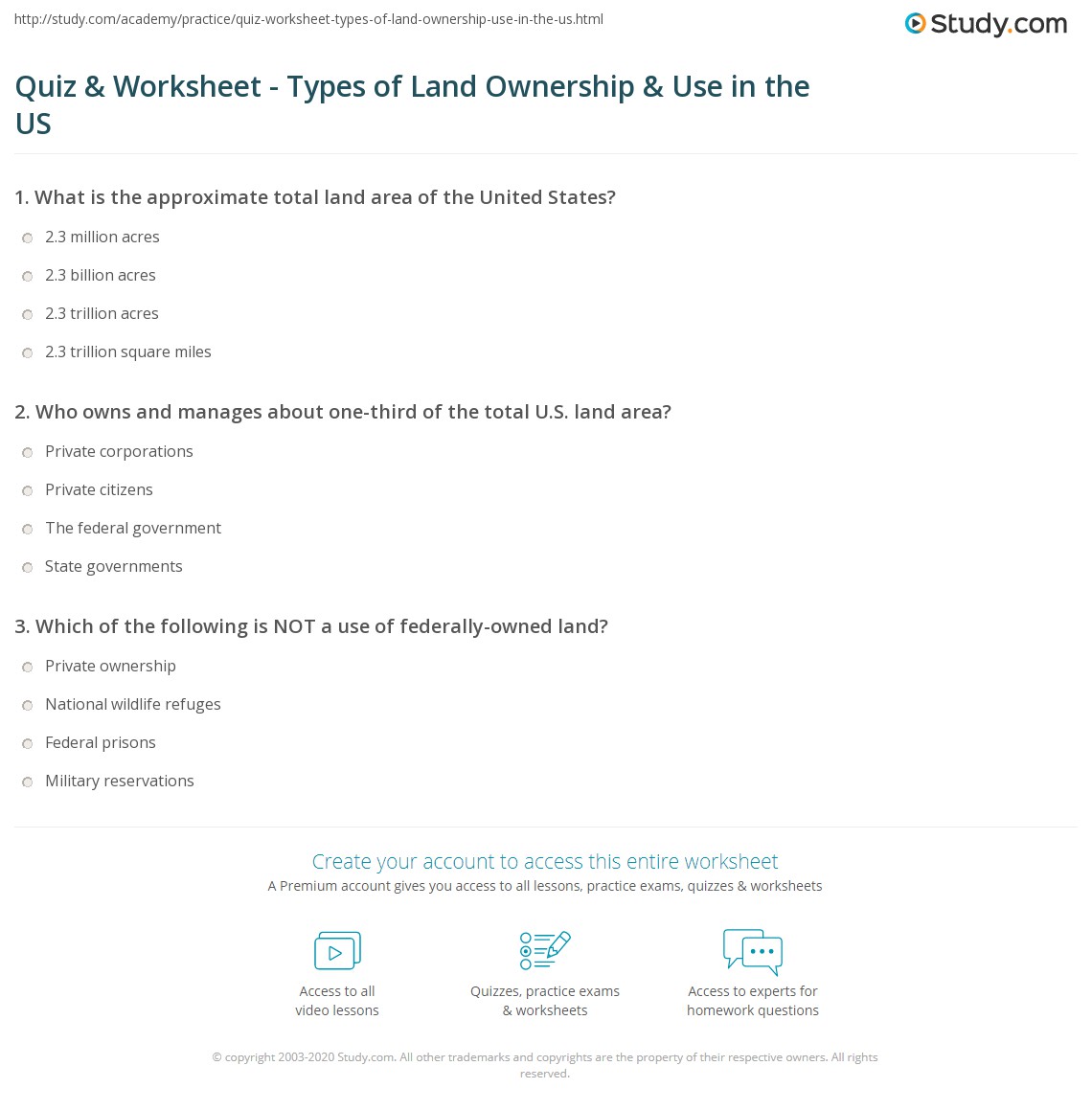 Quiz & Worksheet - Types of Land Ownership & Use in the US | Study.com