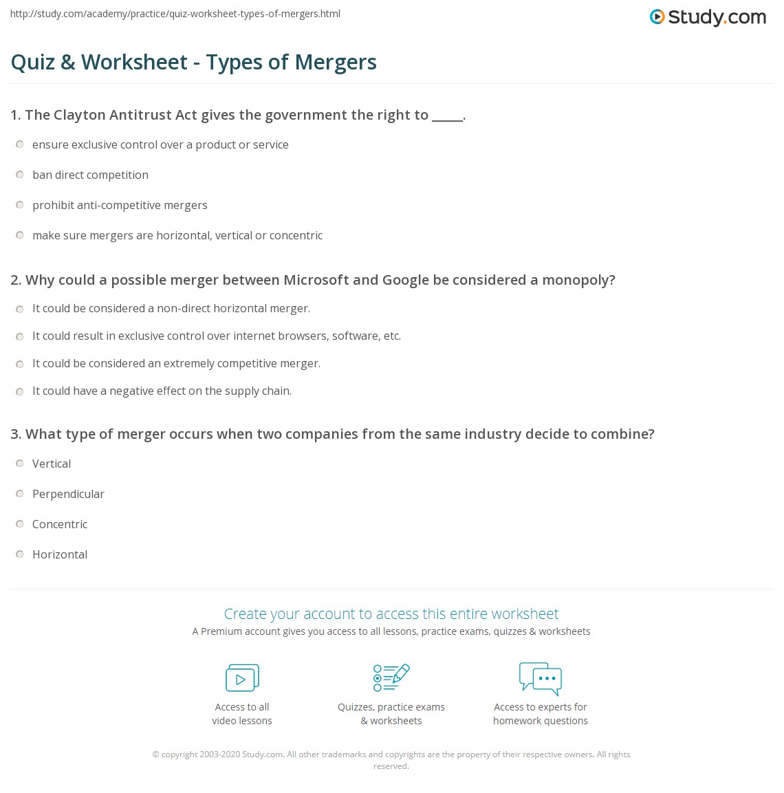 Quiz & Worksheet - Types of Mergers | Study.com