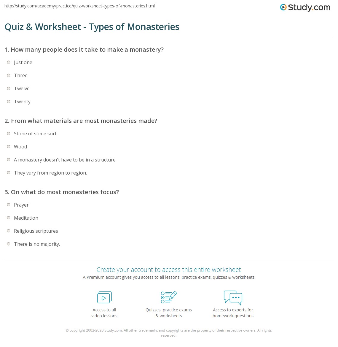 Quiz & Worksheet - Types of Monasteries | Study.com