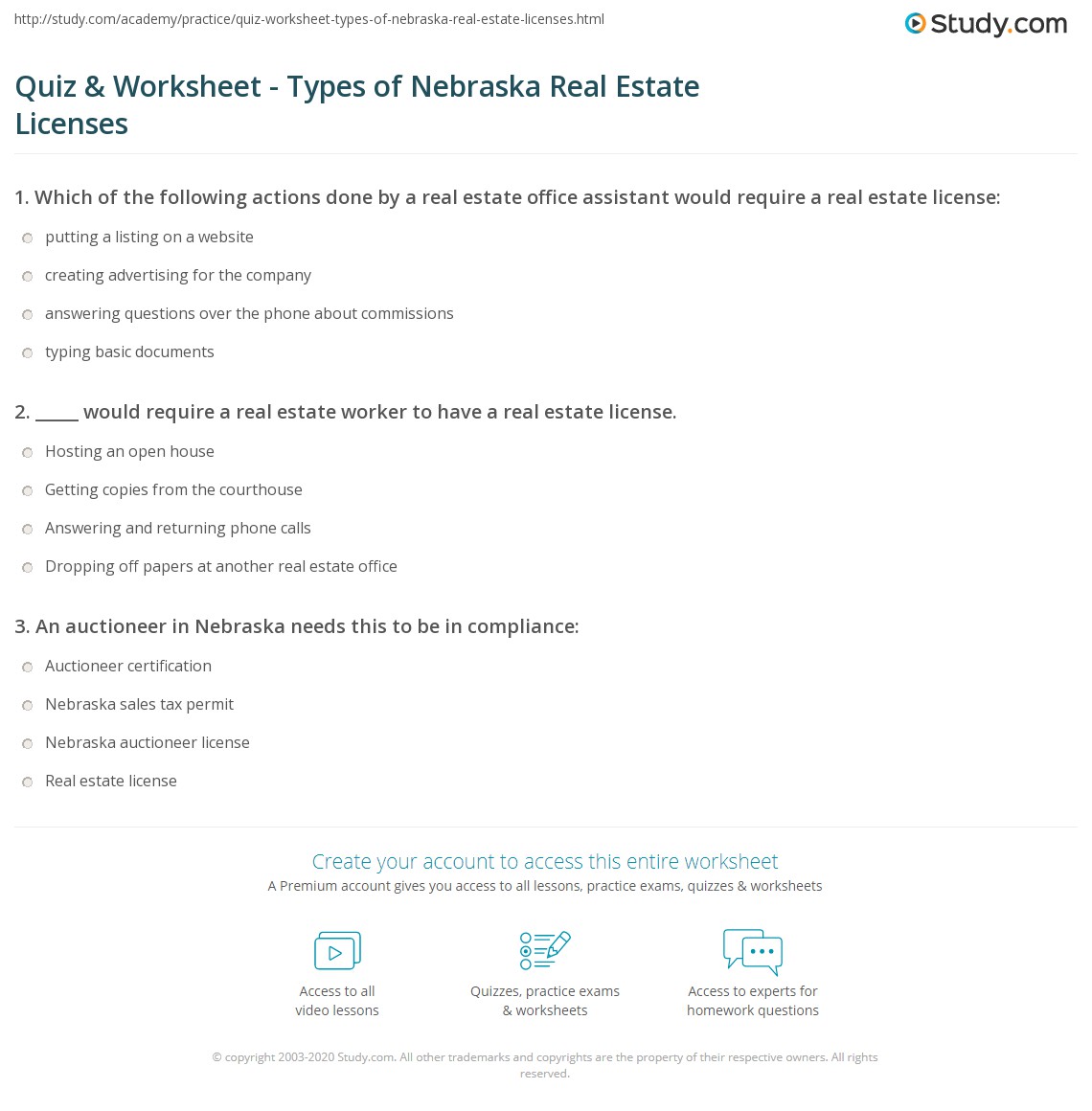 Quiz & Worksheet - Types of Nebraska Real Estate Licenses | Study.com