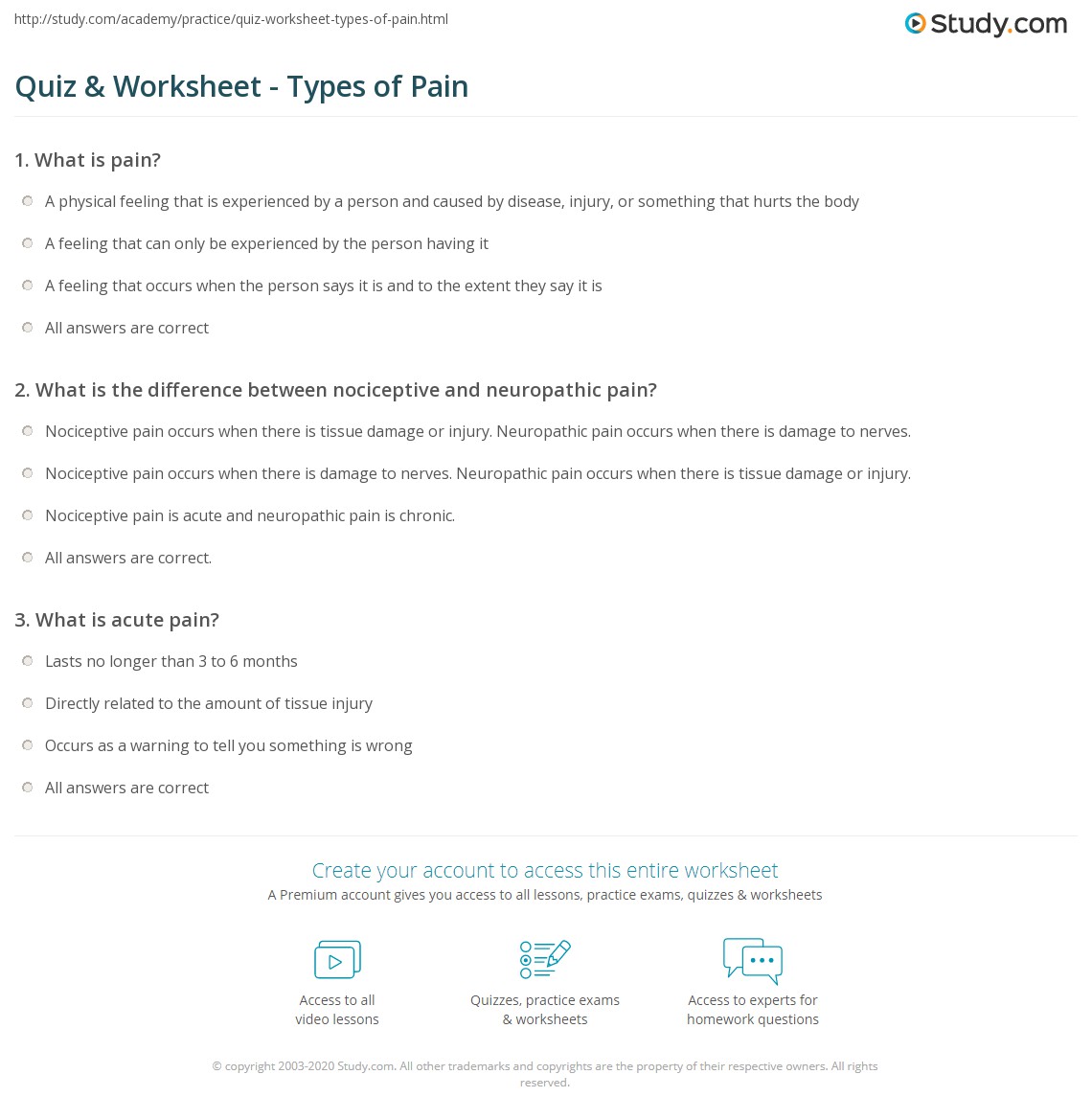 Quiz & Worksheet - Types of Pain | Study.com