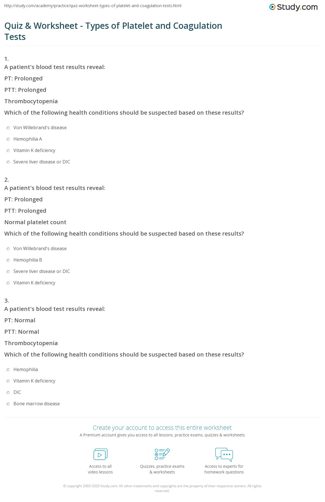 Quiz & Worksheet - Types of Platelet and Coagulation Tests | Study.com