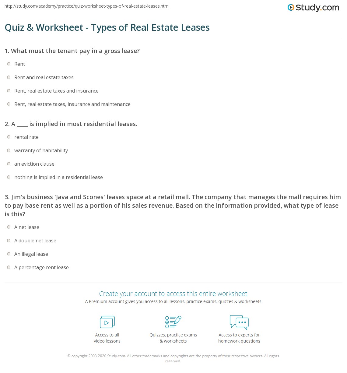 Quiz & Worksheet - Types of Real Estate Leases | Study.com