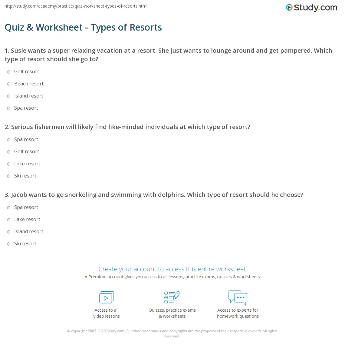 Quiz & Worksheet - Types of Resorts | Study.com
