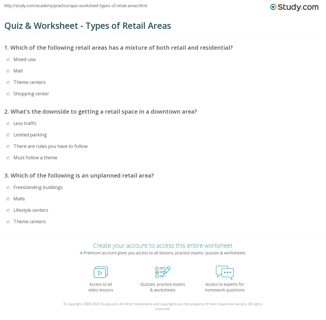 Quiz & Worksheet - Types of Retail Areas | Study.com