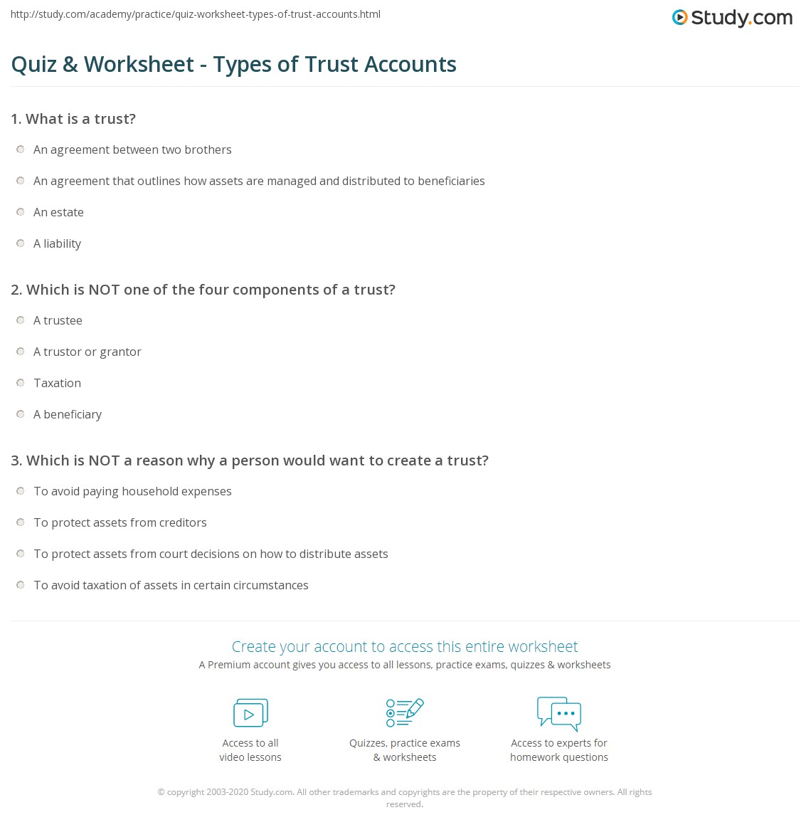 Quiz & Worksheet - Types of Trust Accounts | Study.com