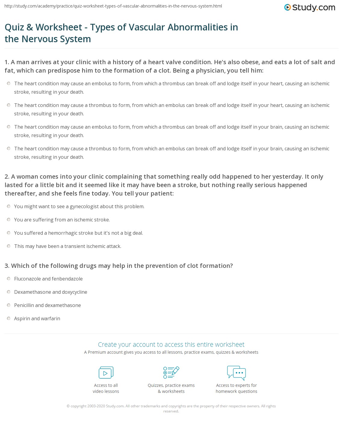 Quiz & Worksheet - Types of Vascular Abnormalities in the Nervous ...