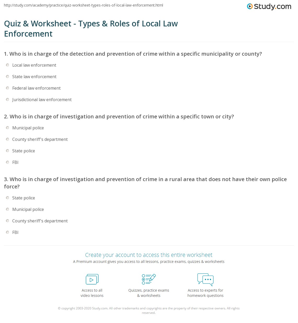 Quiz & Worksheet - Types & Roles of Local Law Enforcement | Study.com